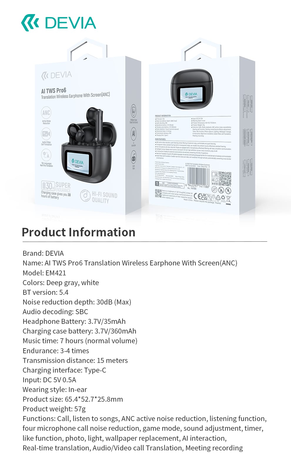 Devia AI TWS Pro6 Translation Wireless Earphone With Screen(ANC ...